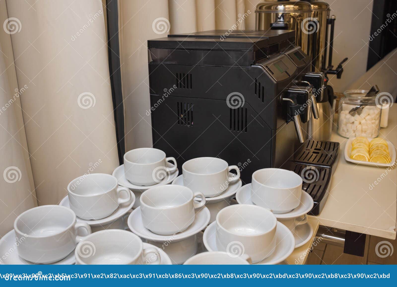 Pile of Empty Clean Coffee Cups Mugs on Shelf or Coffee Machine in Cafe ...