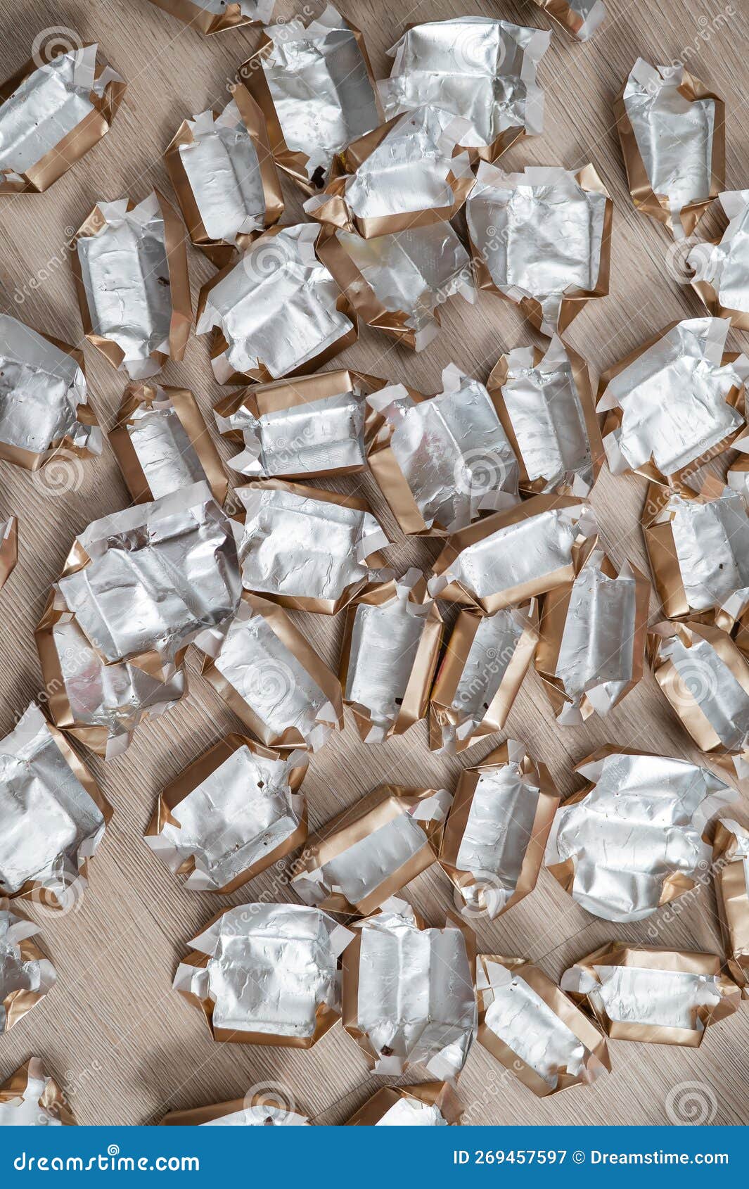 Pile of Empty Silver-gold Candy Wrappers. Top View. Stock Image - Image ...
