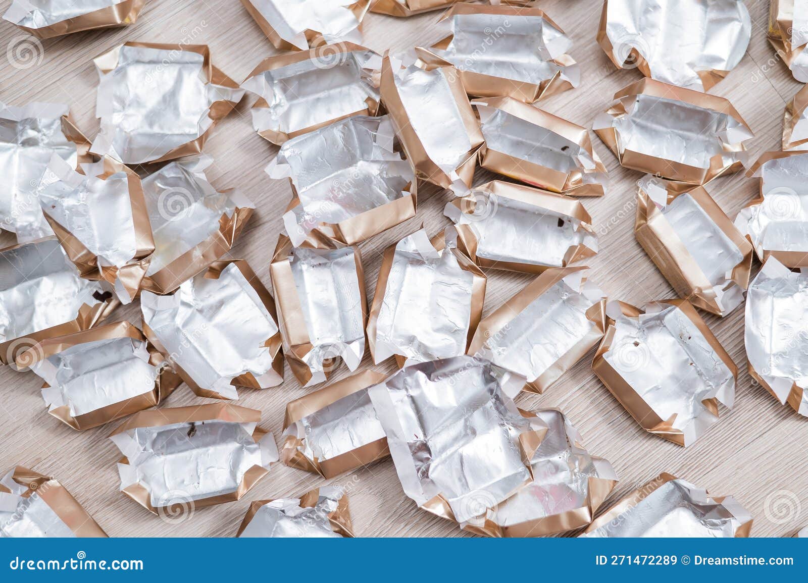 Pile of Empty Silver-gold Candy Wrappers. Top View. Stock Image - Image ...