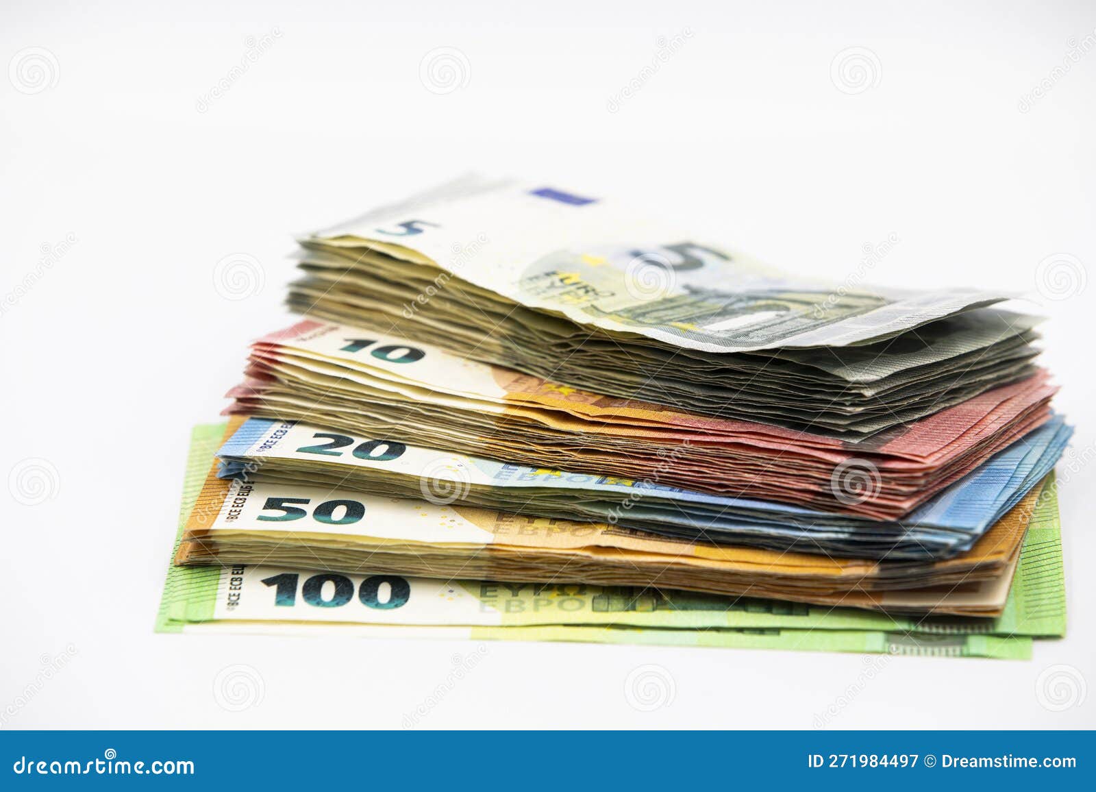 Pile of Euro Banknotes of 100, 50, 20, 10 and 5 Euros. White Background ...