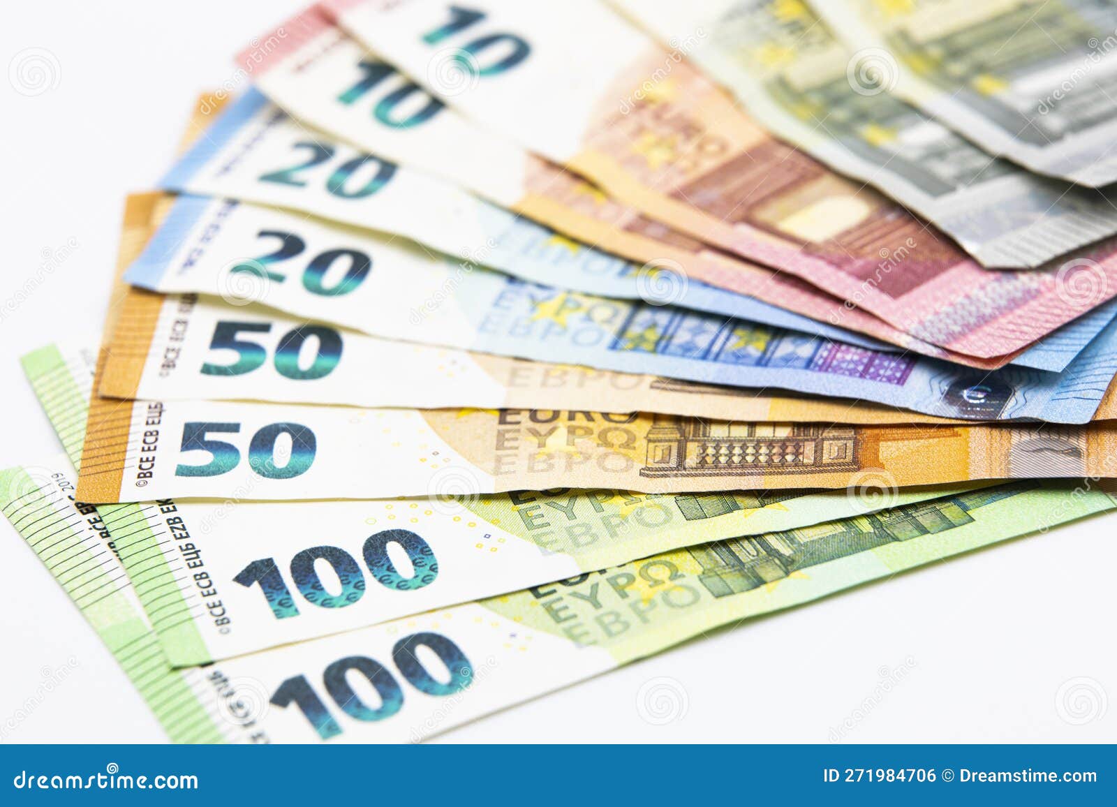 Pile of Euro Banknotes of 100, 50, 20, 10 and 5 Euros. White Background ...