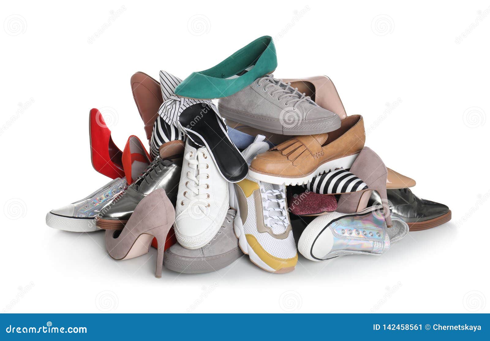 Pile of Female Shoes on White Stock Image - Image of accessories, mess ...