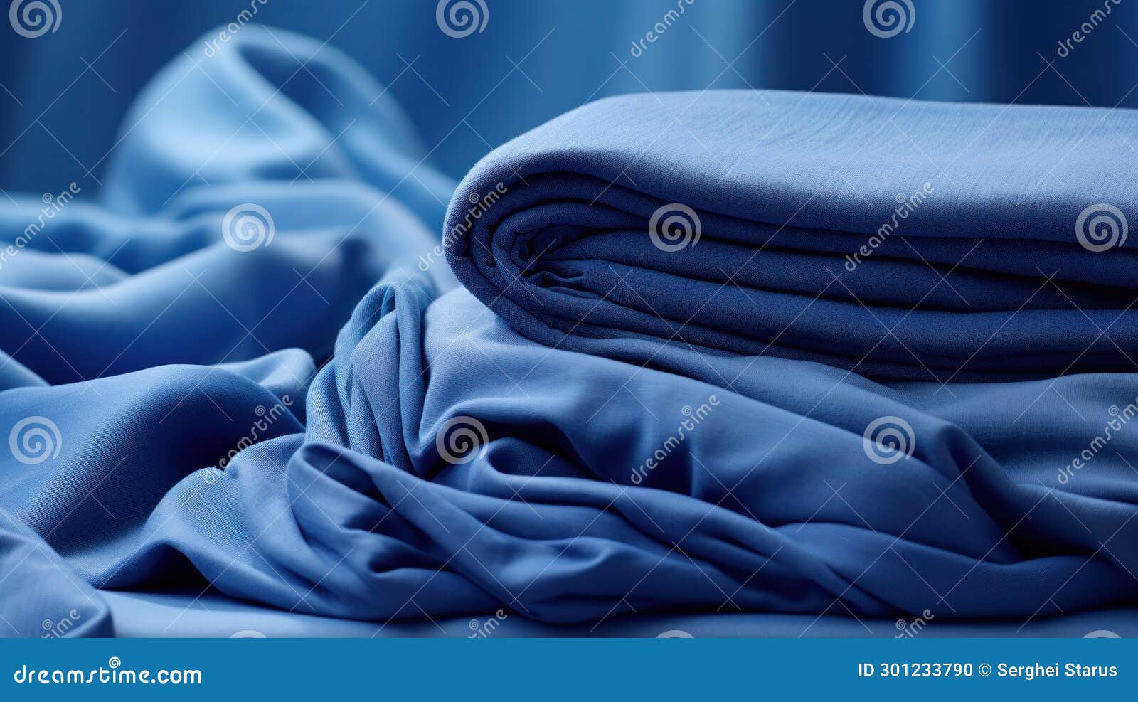 A Pile of Folded Blue Cloth on a Bed with Some Pillows, AI Stock Photo ...