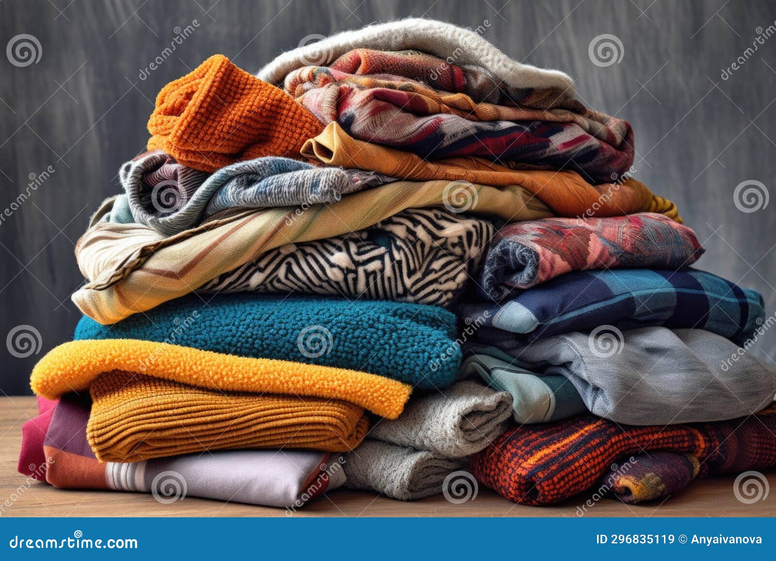 A Pile of Folded Clothes Sitting on Top of a Wooden Table Stock Image ...