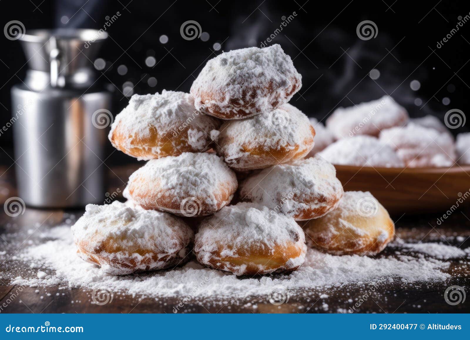 A Pile of Fresh, Fluffy Donuts with Powdered Sugar Stock Image - Image ...