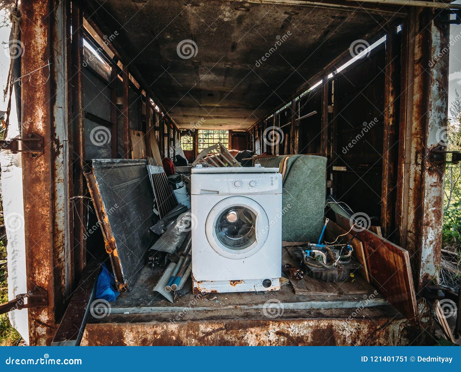 Pile of Garbage in Old Rusty Abandoned Trailer Inside with Broken ...