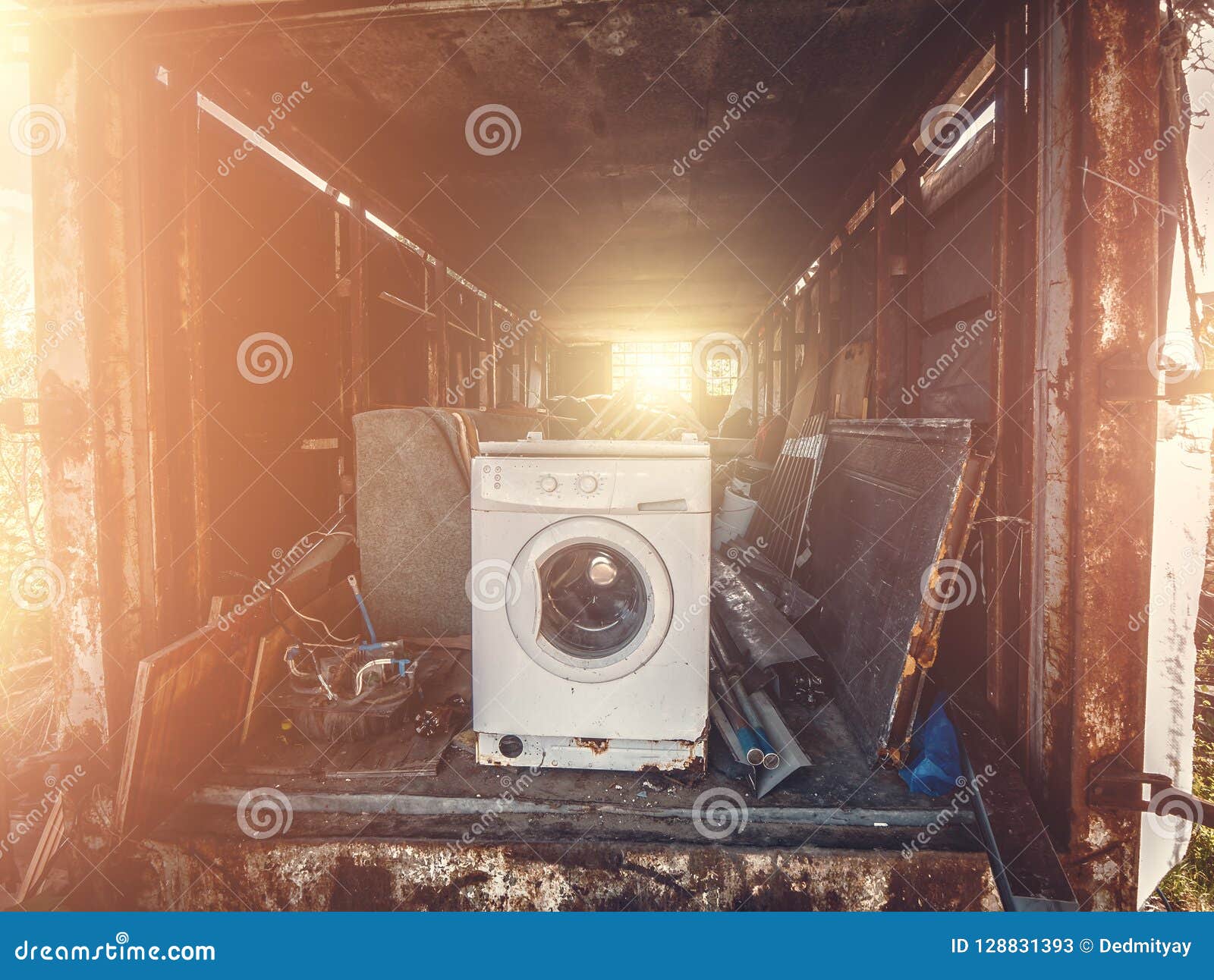 Pile of Garbage in Old Rusty Abandoned Trailer Inside with Broken ...