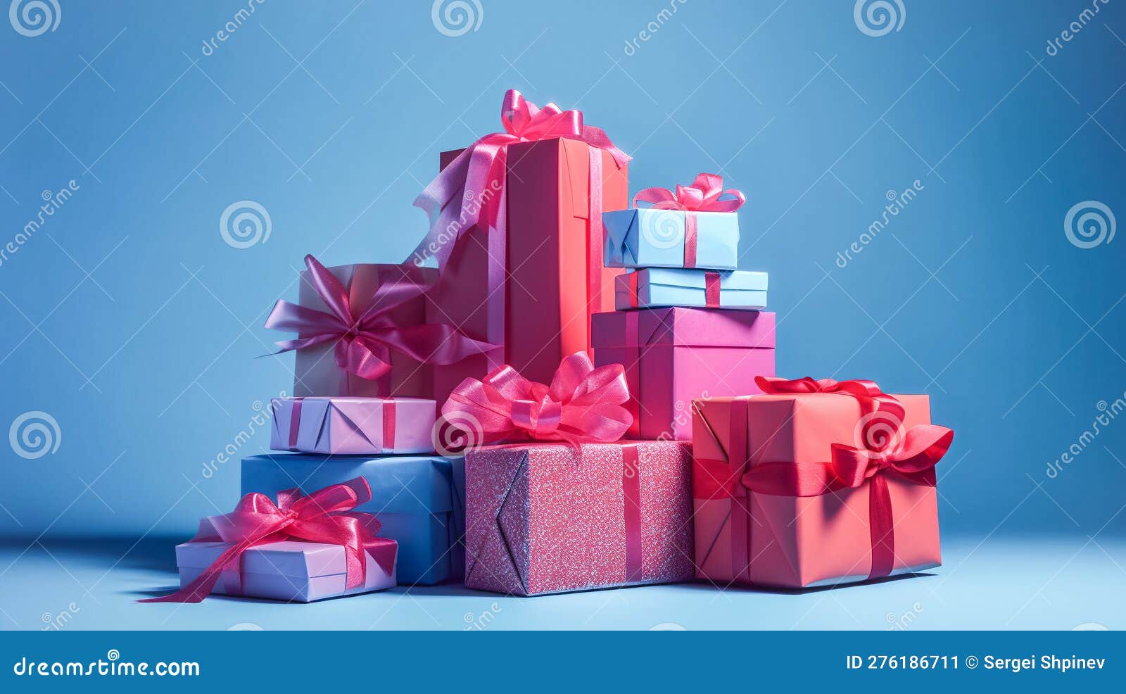 Pile of Gift Boxes with Ribbons on Blue Background. Stack of Pink and ...