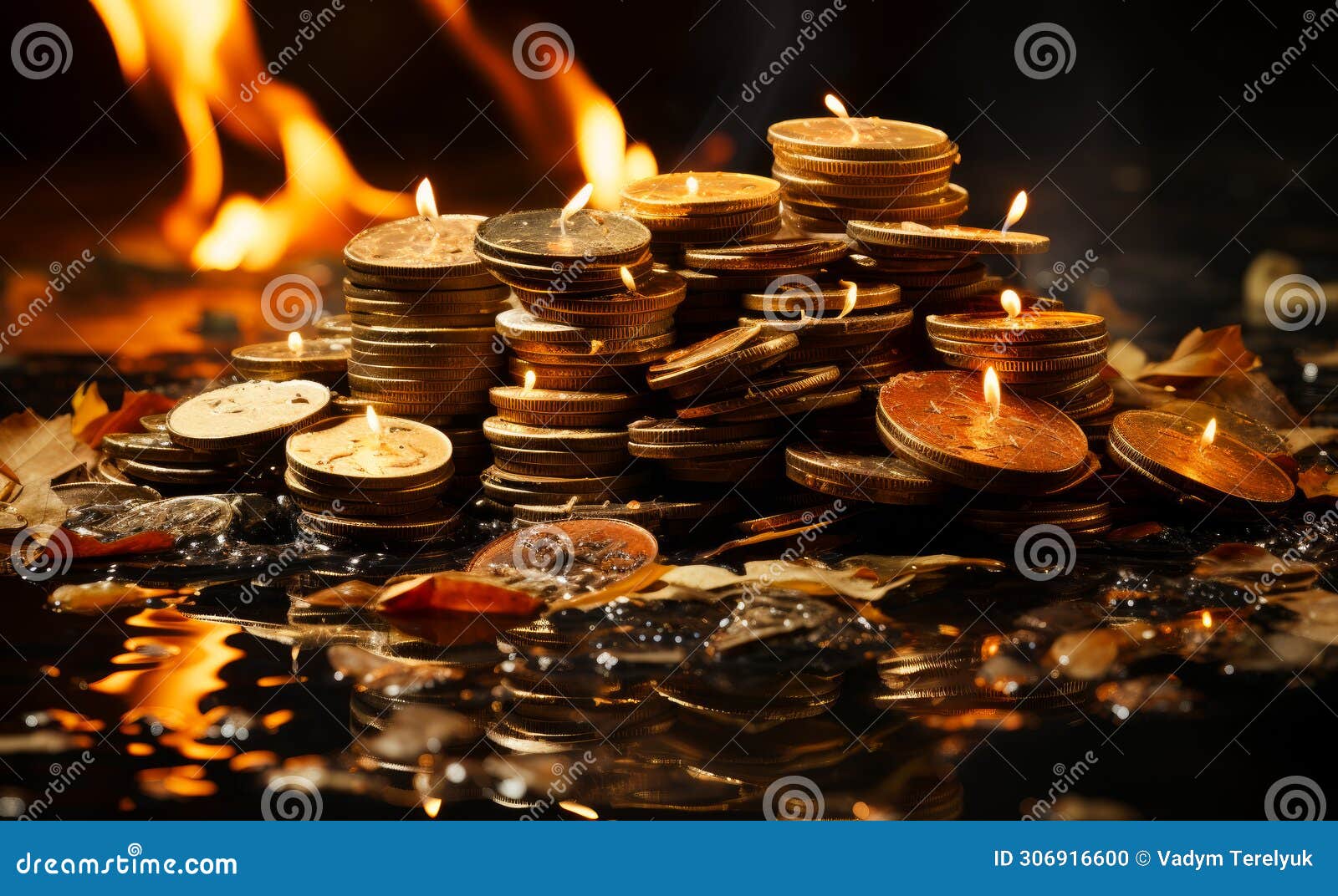 A Pile of Gold Coins on Fire. a Pile of Coins Sitting on Top of a Table ...