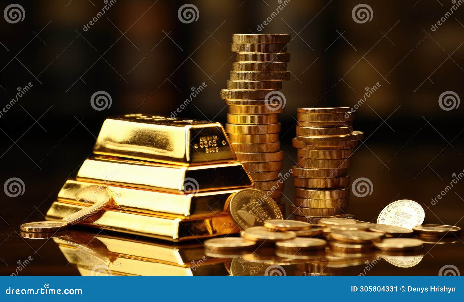 A Pile of Gold Coins Sitting Next To a Stack of Silver Coins Stock ...