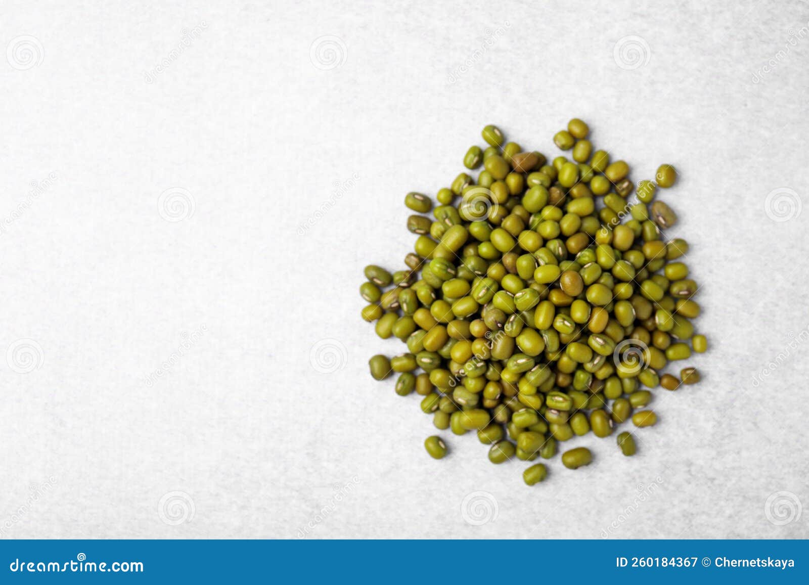 Pile of Green Mung Beans on Light Grey Table, Top View. Space for Text ...