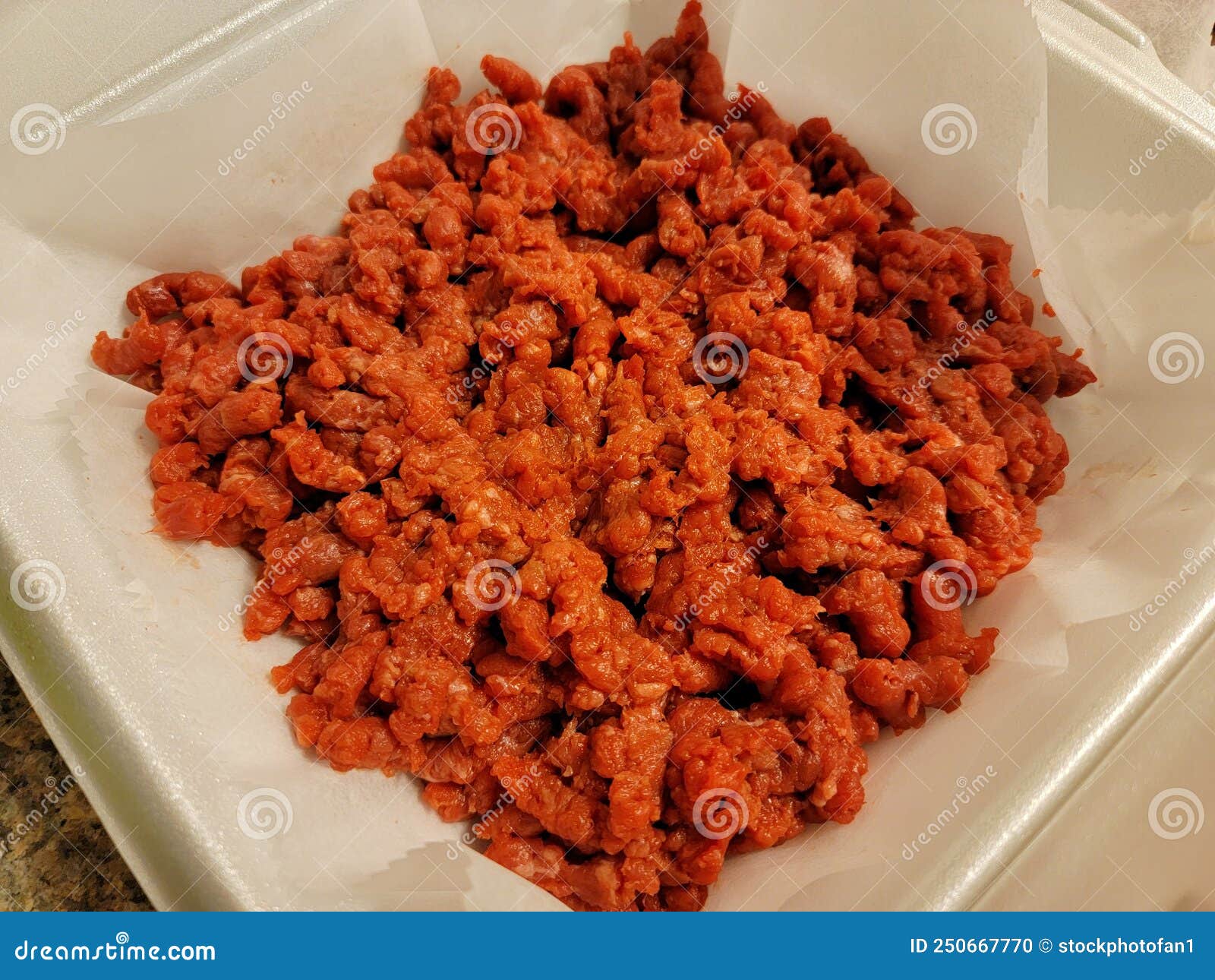 Pile of Ground Raw Red Beef Meat in Foam Container Stock Photo - Image ...