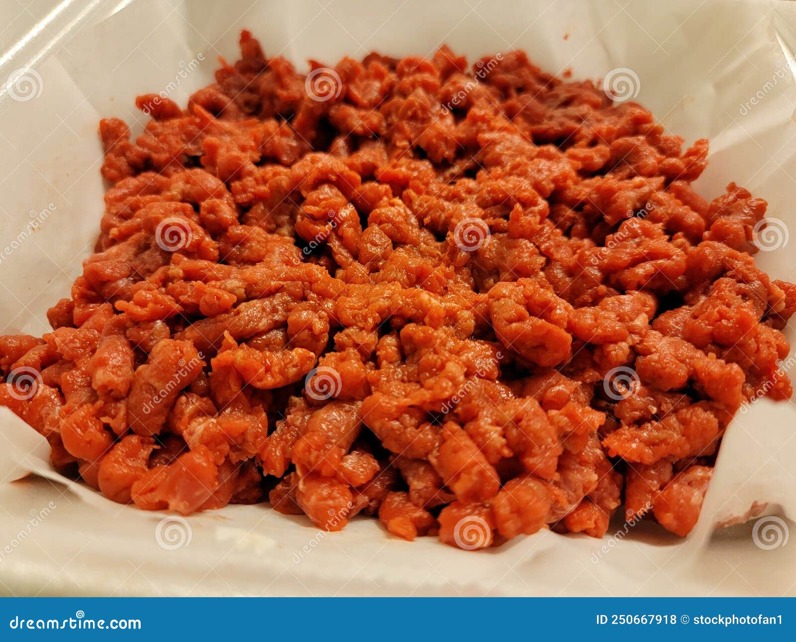 Pile of Ground Raw Red Beef Meat in Foam Container Stock Photo - Image ...