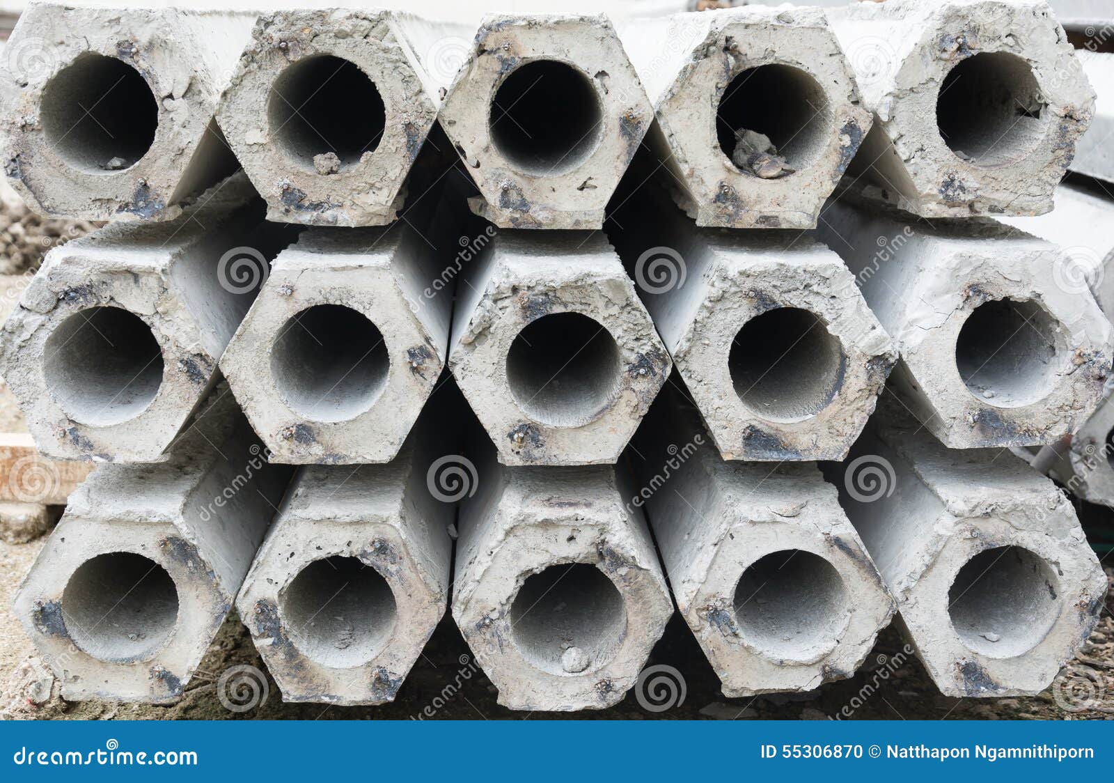 Pile of Hexagon Concrete Foundation Piles. Stock Photo - Image of ...