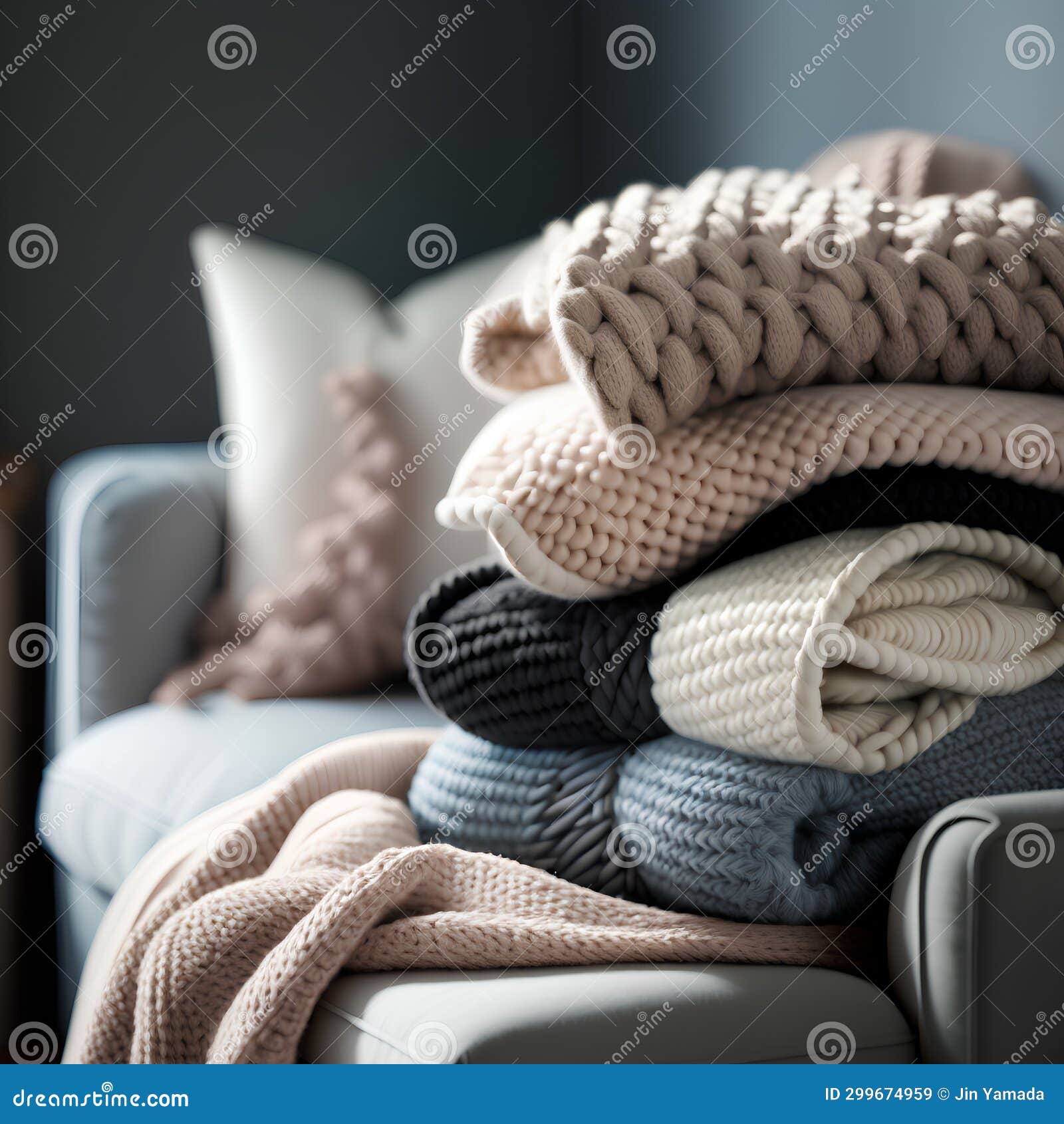 Pile of Knitted Warm Sweaters on Sofa in Living Room Stock Illustration ...
