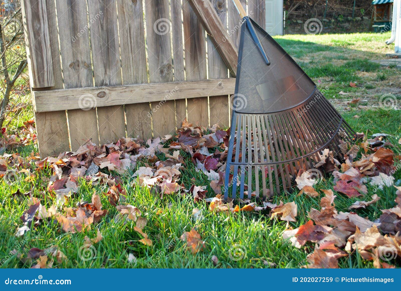 Pile of Leaves and a Rake Leaning Against a Fence Fall Background Stock ...