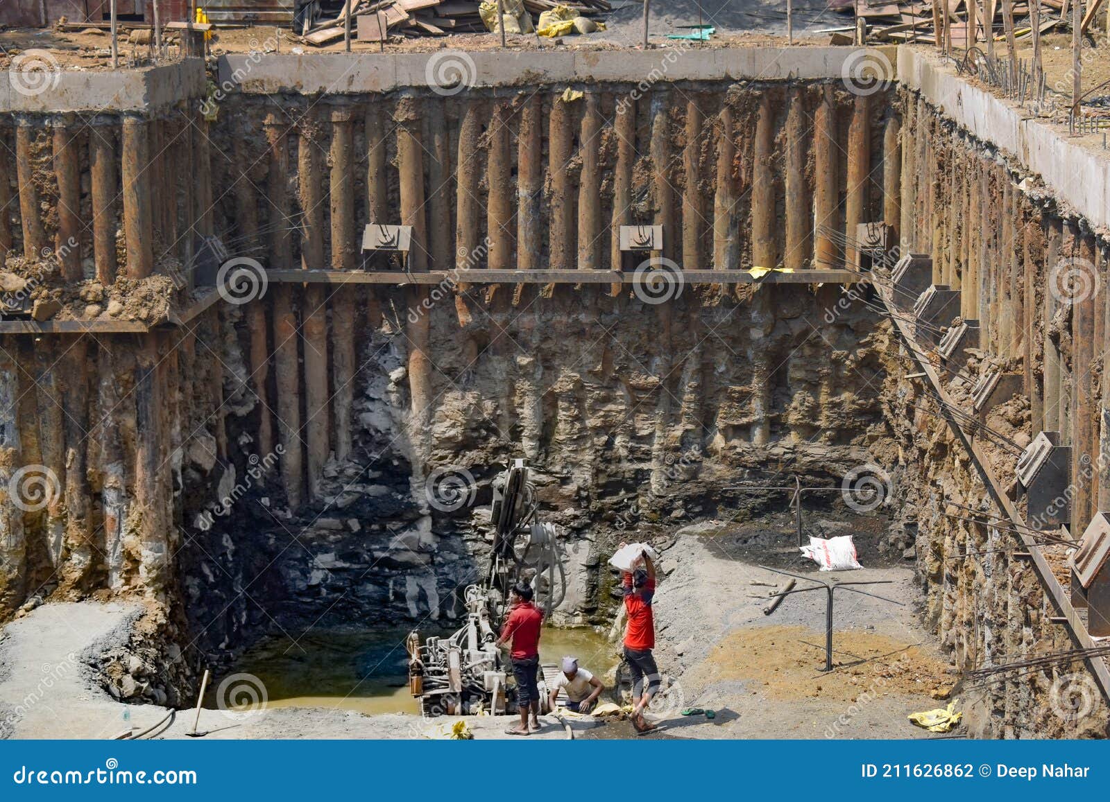 And Lift Foundation at Construction Building .Indian Workers Working at ...
