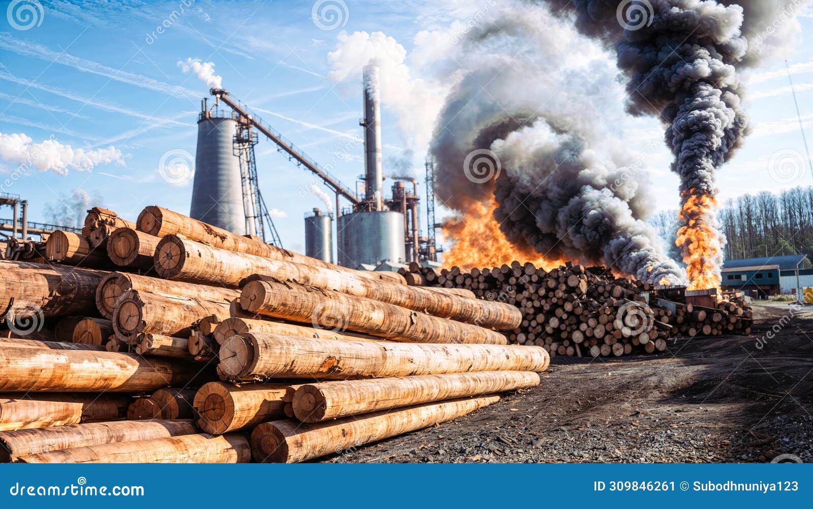 Pile of Logs Burning on the Background of a Large Industrial Factory ...