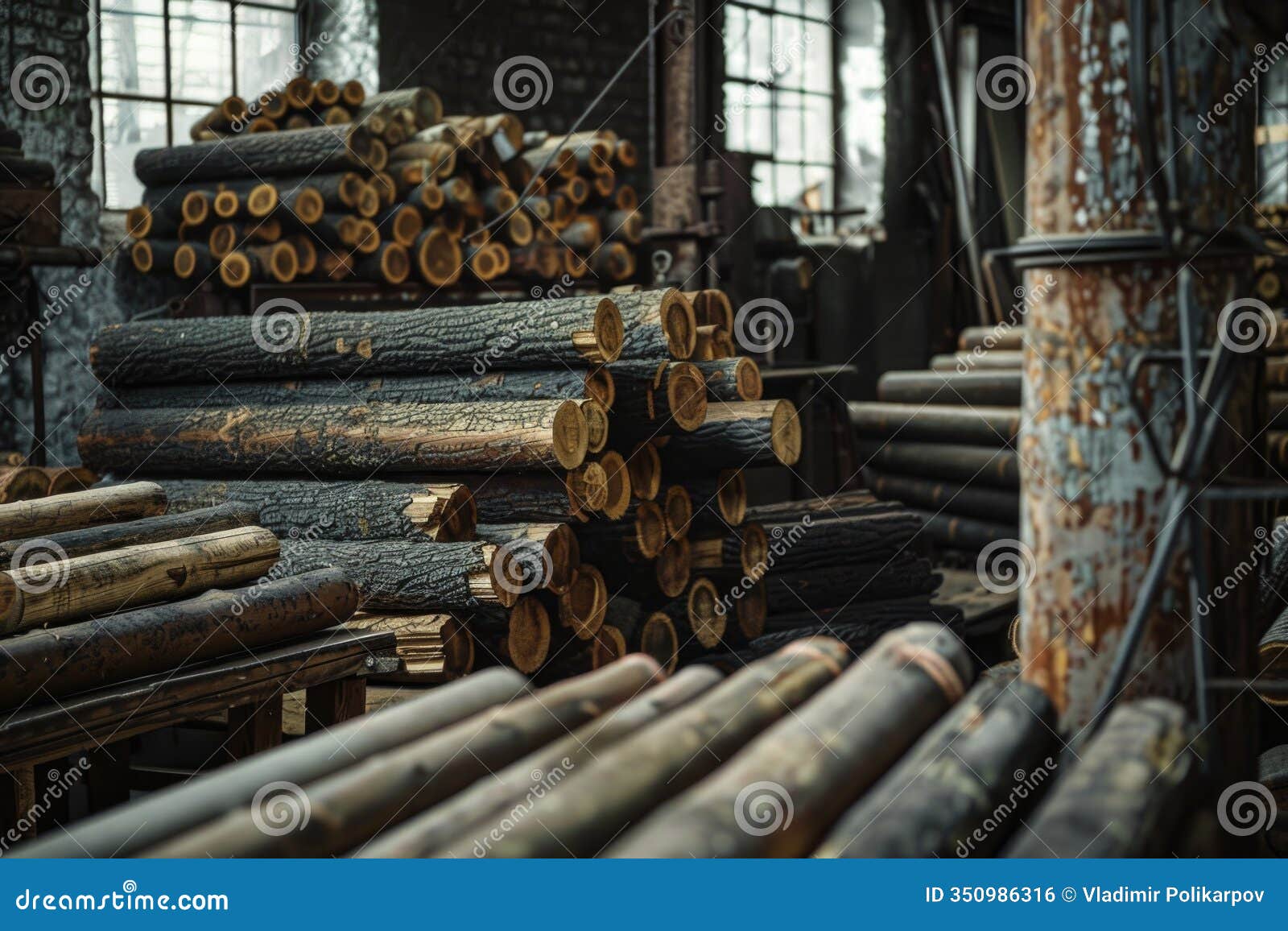 A Pile of Logs in a Warehouse, Suitable for Industrial or Construction ...