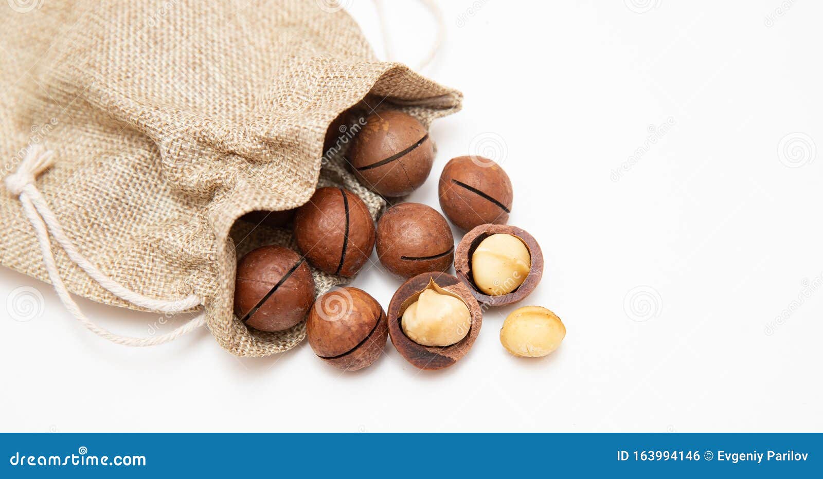 Pile Macadamia Nuts Open Kernels and Shells in Burlap Bag on White ...