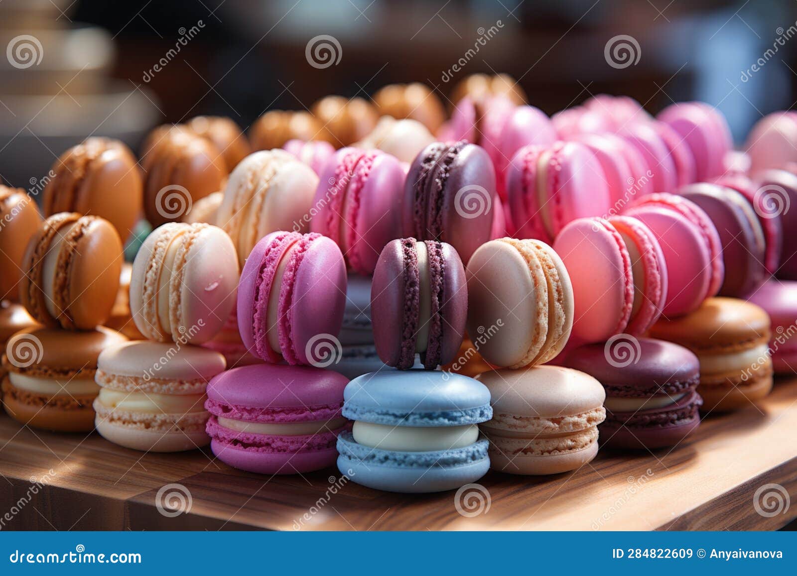 A Pile of Macarons Sitting on Top of a Wooden Table. Stock Illustration ...