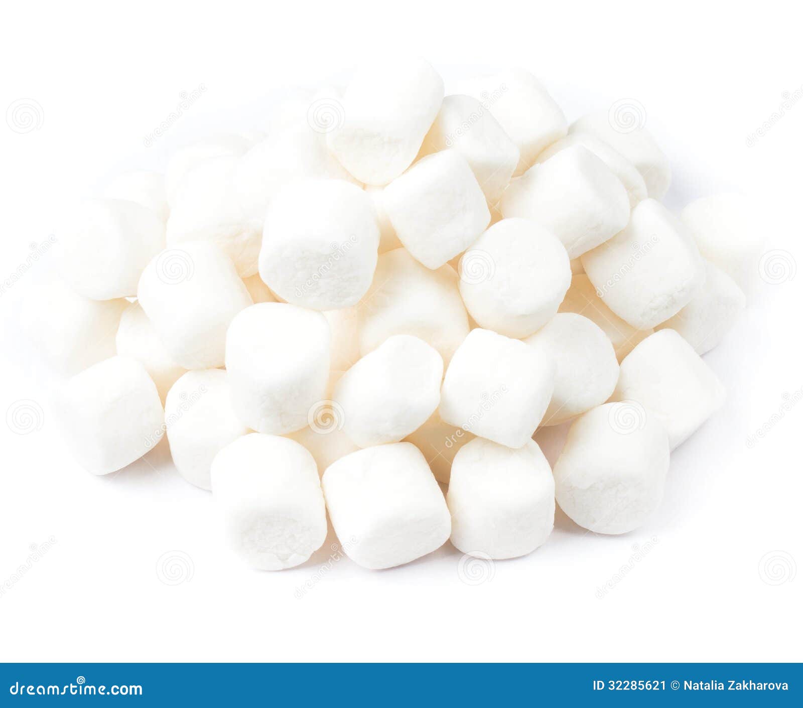 A Pile of Mini White Puffy Marshmallows on White Background. Close Up ...