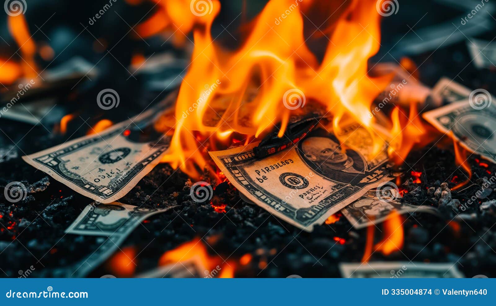 A Pile of Money on Fire with a Dollar Bill on Top of it Stock Photo ...