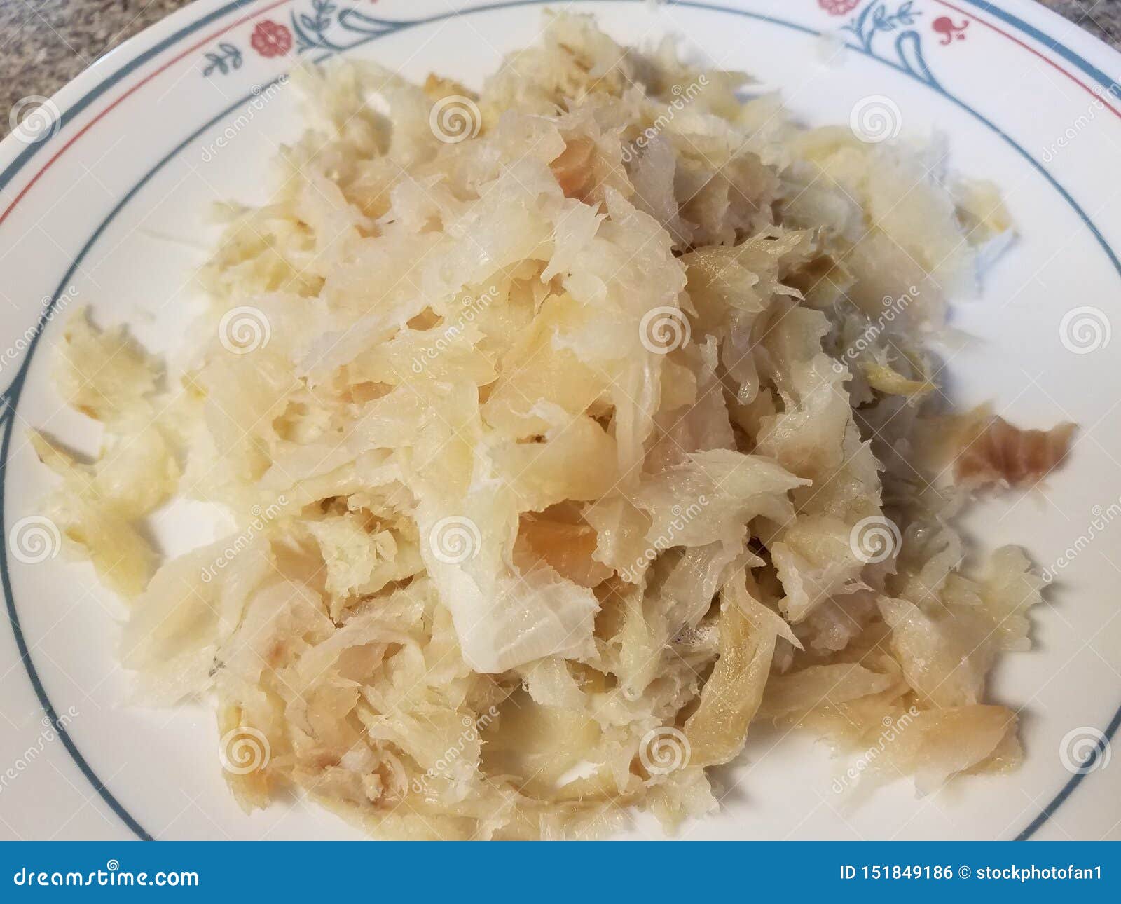 Pile or Mound of Shredded Fish on White Plate Stock Photo - Image of ...