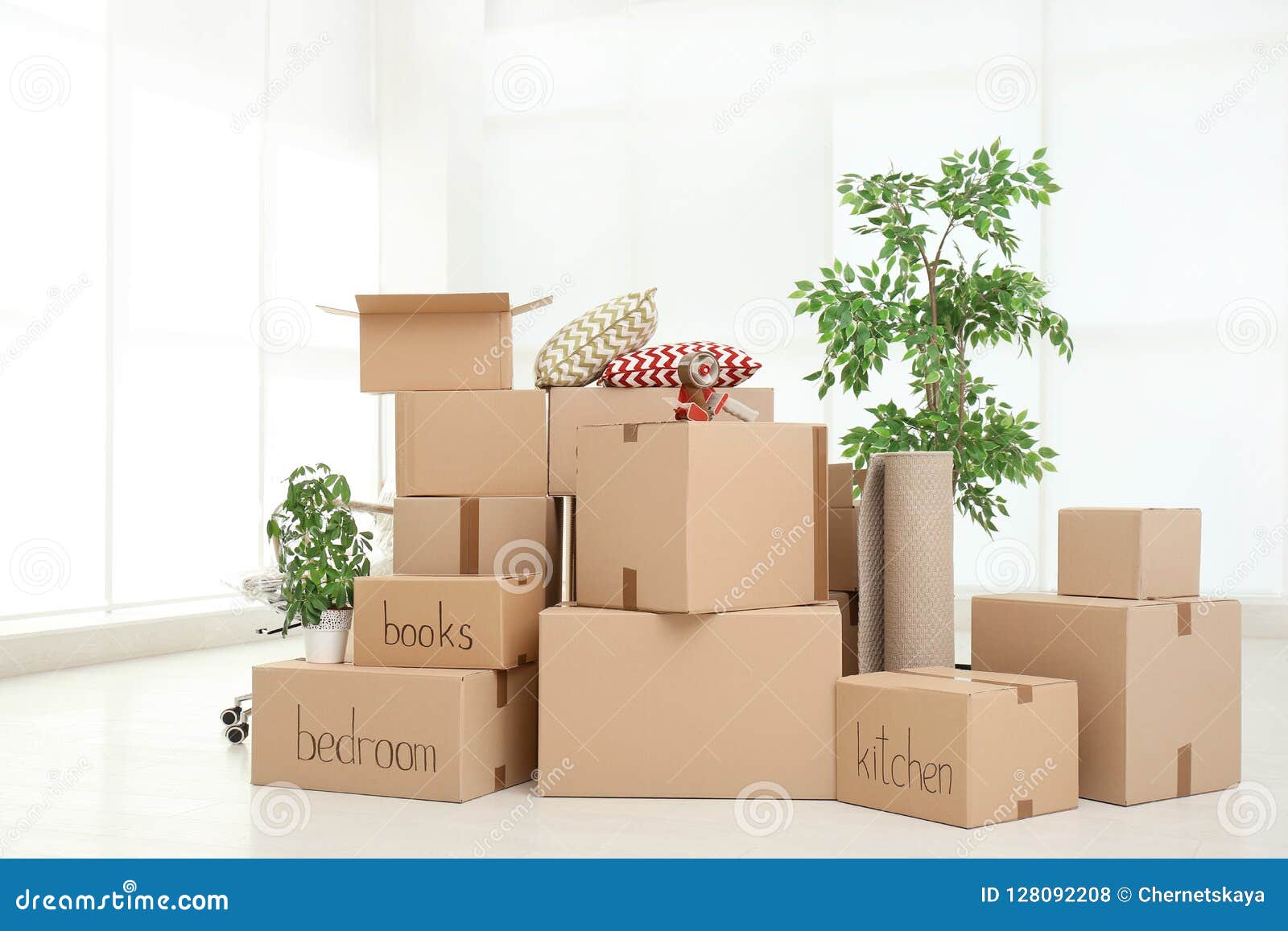 Pile of moving boxes stock photo. Image of package, books - 128092208