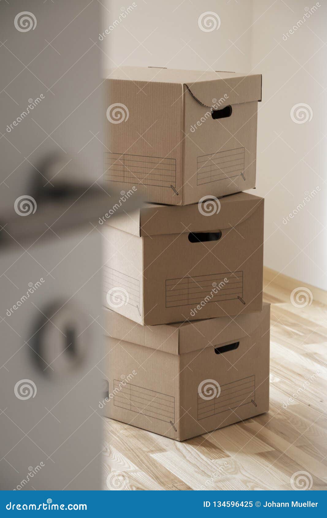 Pile of Moving Boxes in Empty Room Stock Image - Image of packing ...