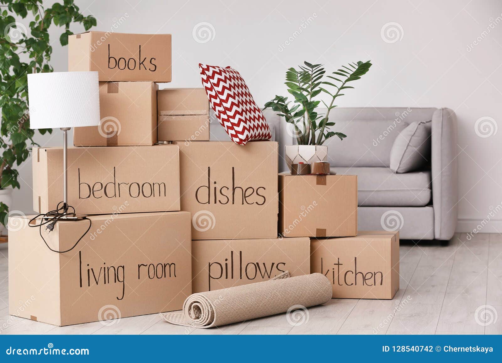 Pile of Moving Boxes and Household Stuff Stock Photo - Image of ...