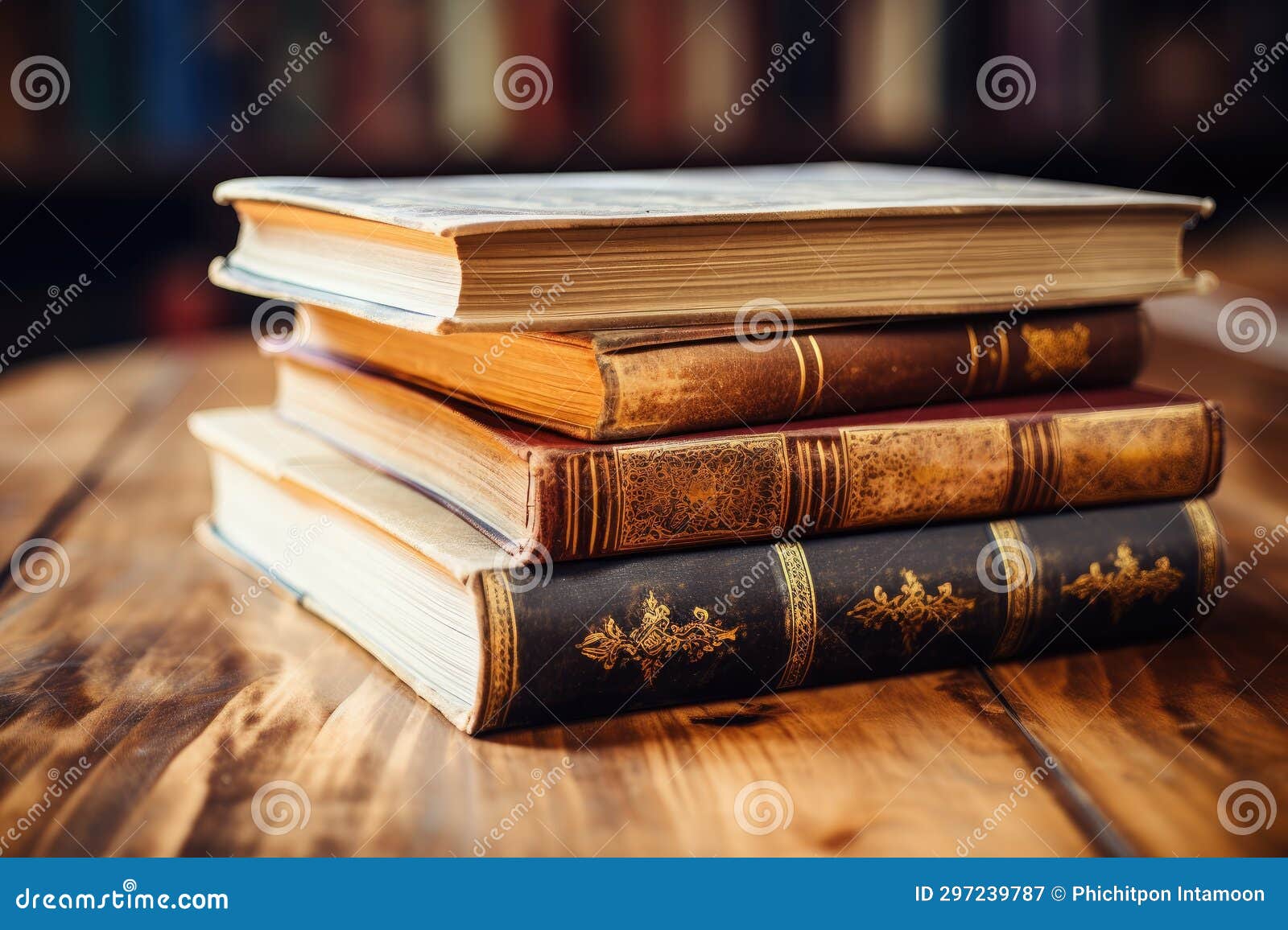 Pile of Old Books on a Wooden Table in a Library. Generative AI Stock ...
