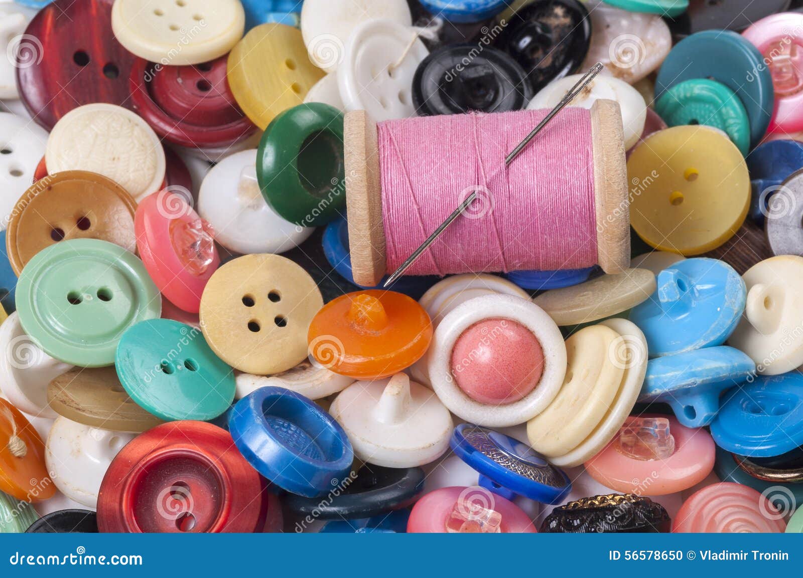 Pile of Old Colored Buttons with Thread and Needle Stock Photo - Image ...