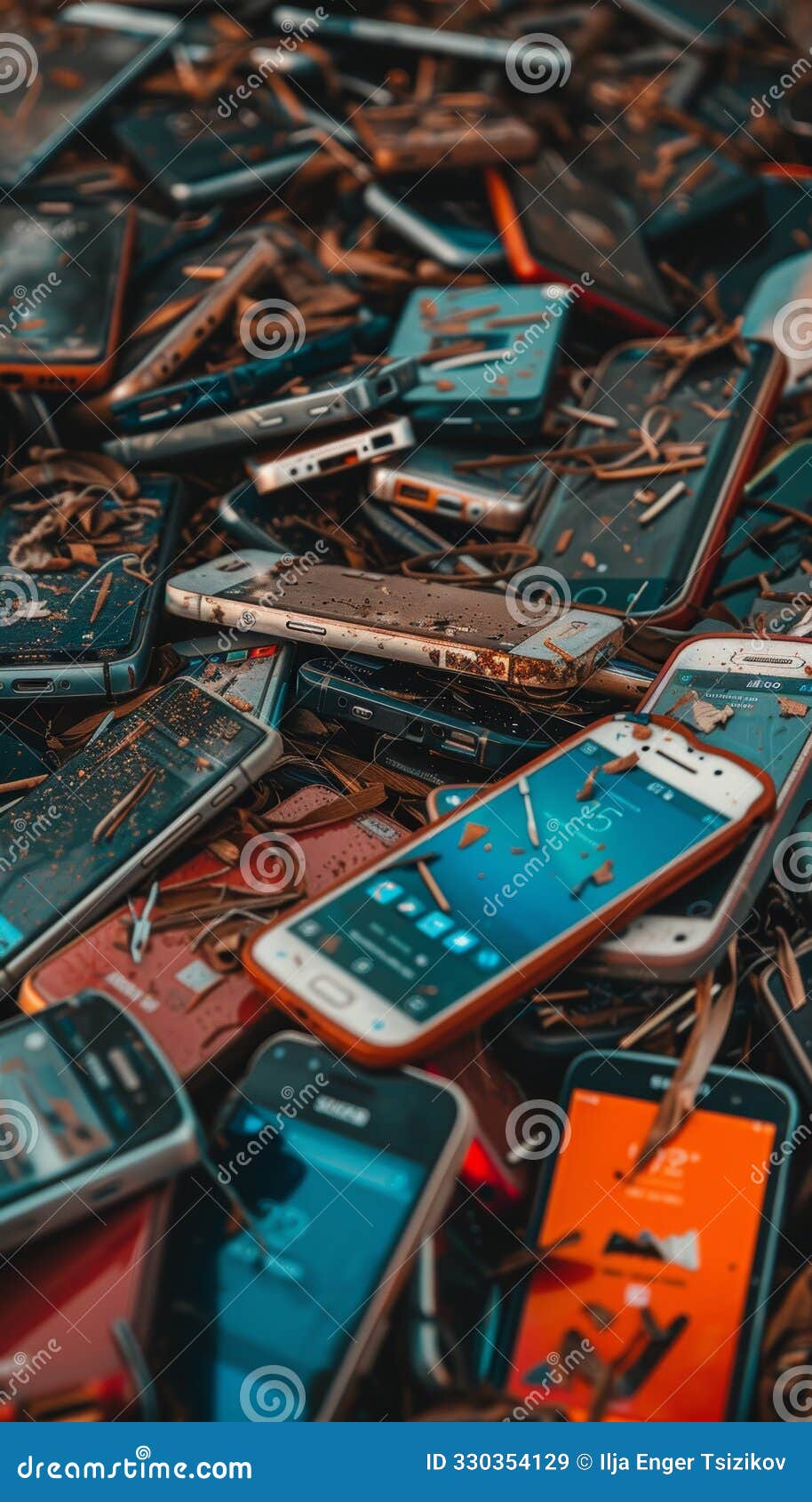 Pile of Old, Discarded Mobile Phones with Damaged Screens, Highlighting ...