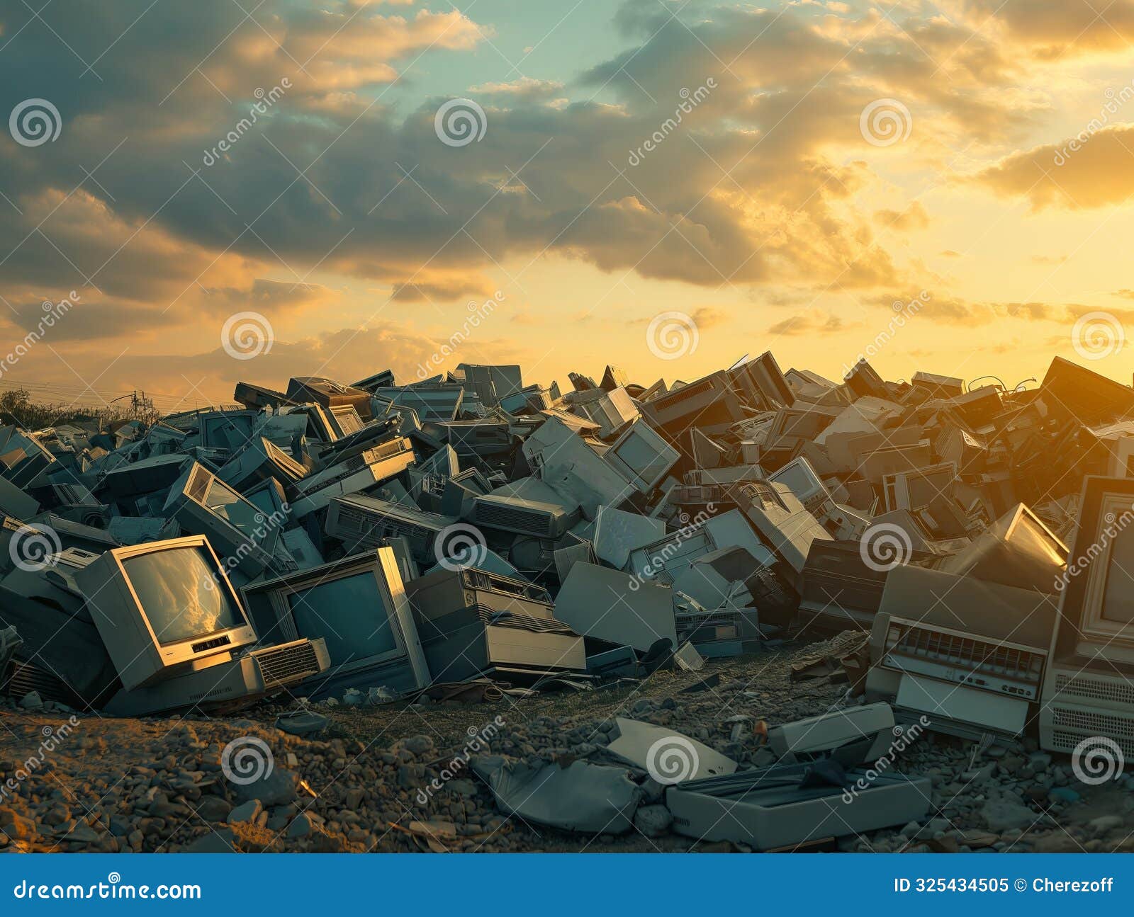 Pile of Old Electronics at Sunset Stock Image - Image of monitors ...