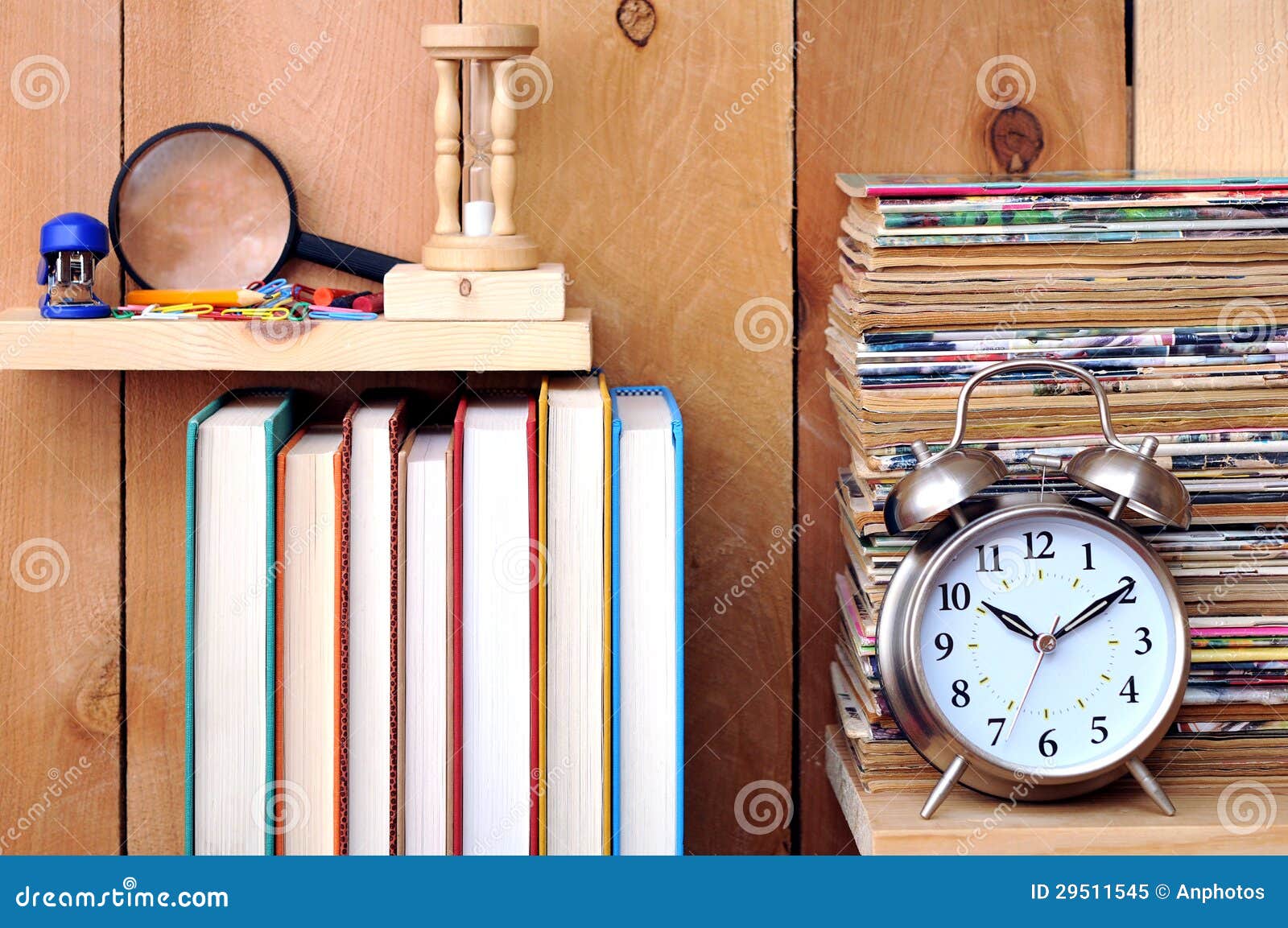 A Pile of Old Magazine, Clock, Books and Stationery Stock Image - Image ...