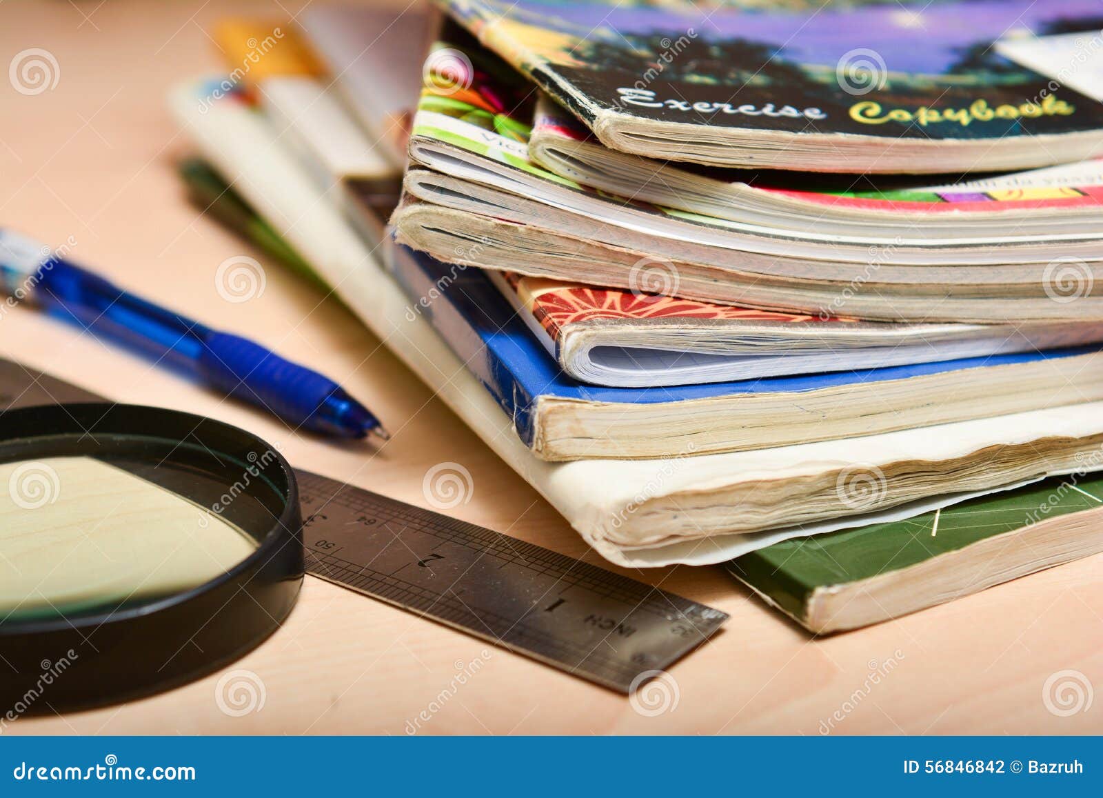 Pile of Old Notebooks on Student Table Stock Photo - Image of number ...