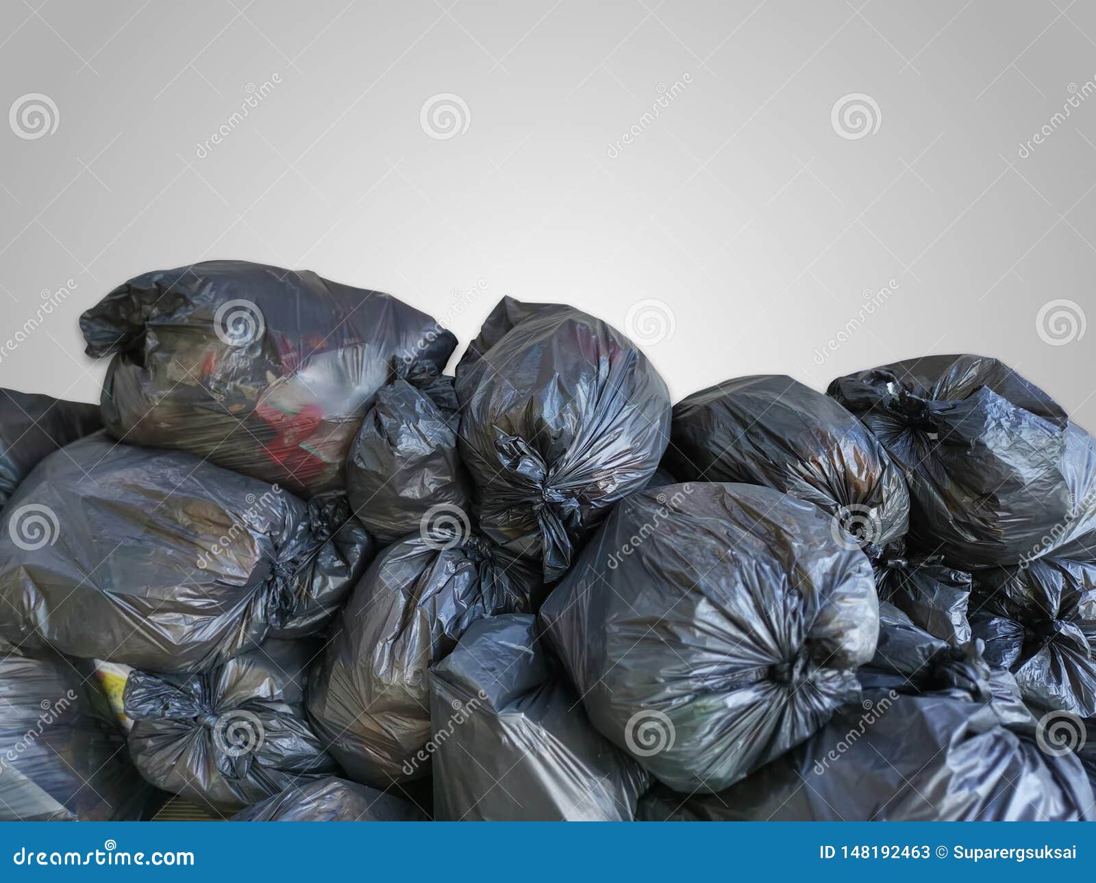 Overflowing Black Garbage Bags on Light Gray Background Stock Image ...