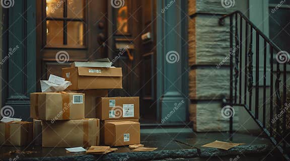 Stack of Unattended Packages on Doorstep Signifying Late Deliveries ...