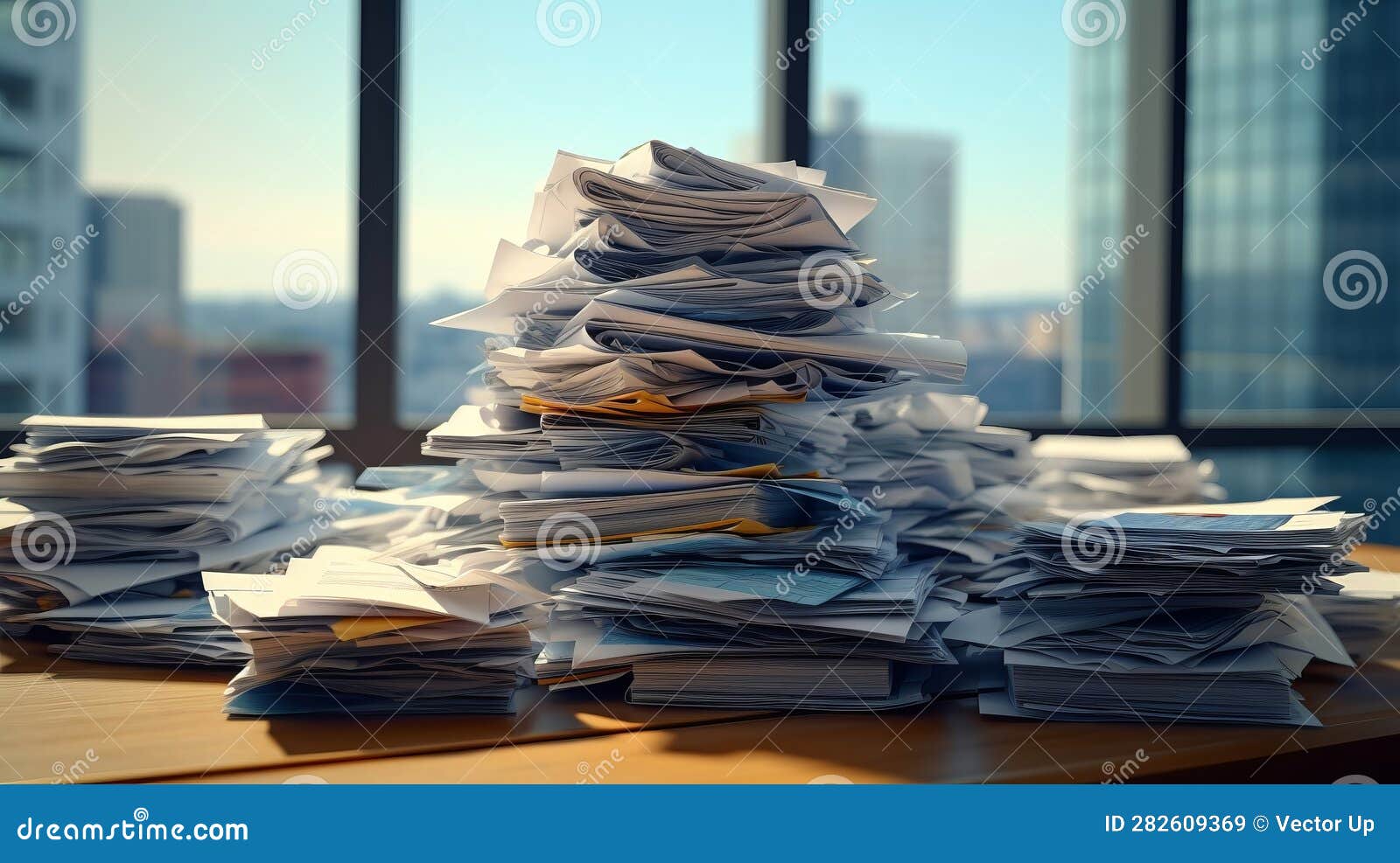 Pile of Paper on Desk Close-up. Generative AI. Stock Illustration ...