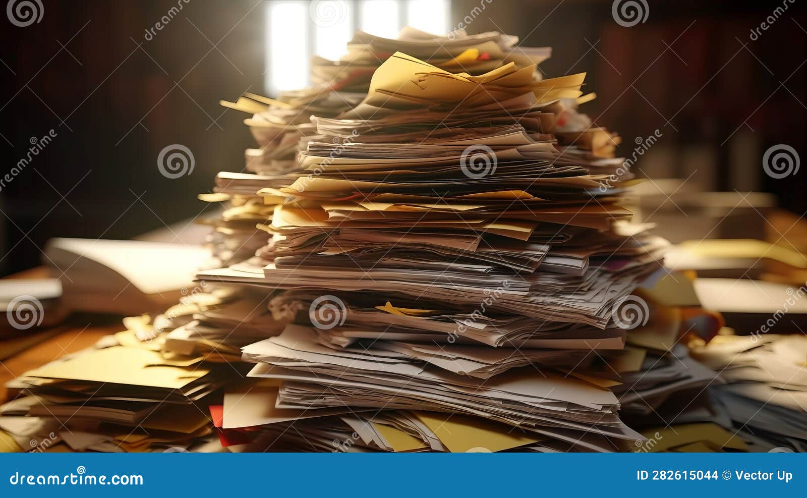 Pile of Paper on Desk Close-up. Generative AI. Stock Illustration ...