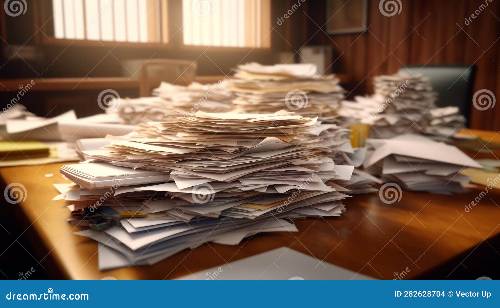 Pile of Paper on Desk Close-up. Generative AI. Stock Illustration ...