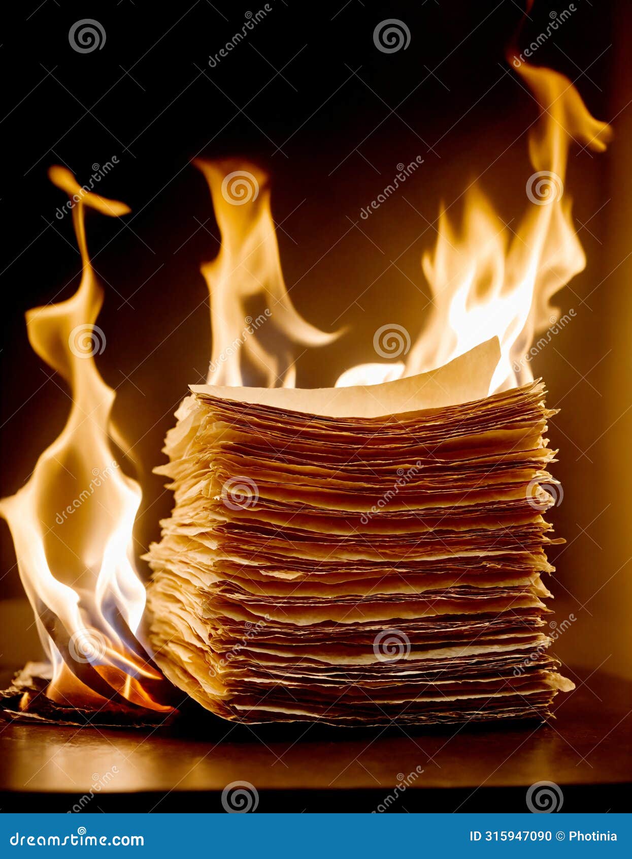 A Pile of Paper Engulfed in Flames Rests upon the Table. Stock ...