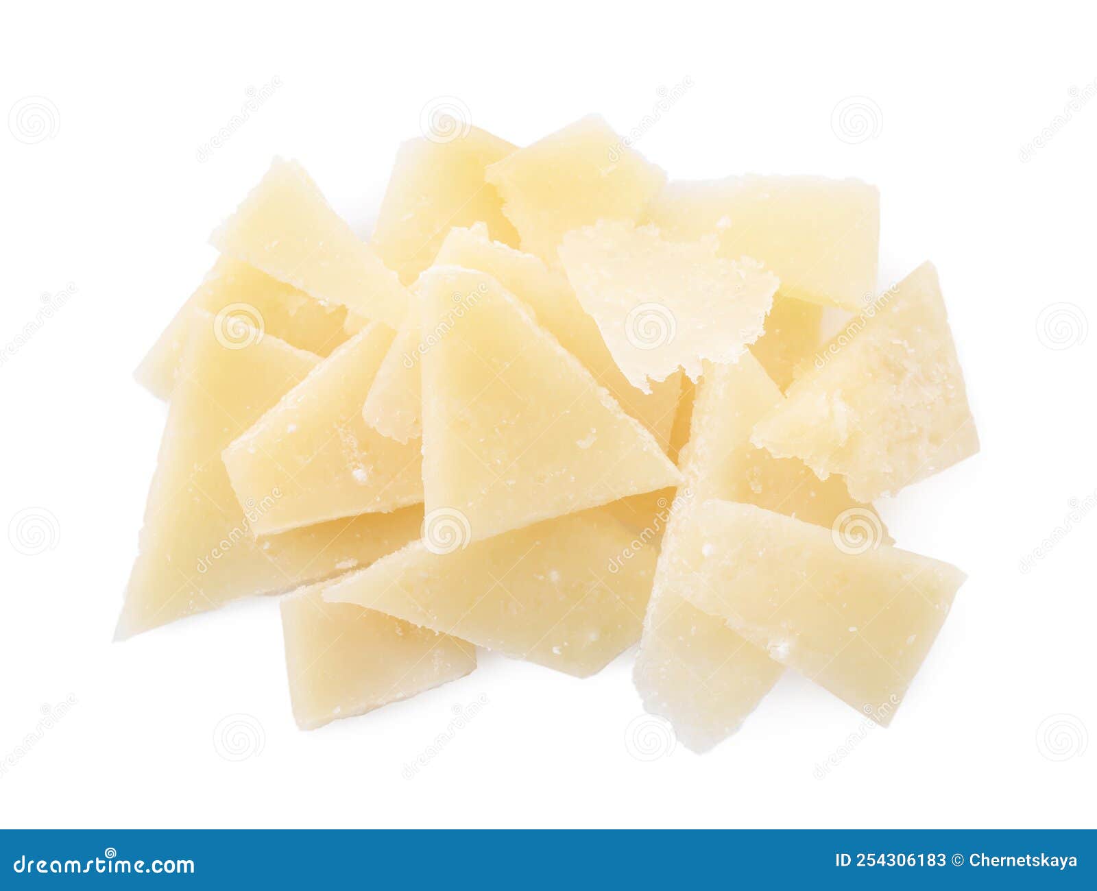 Pile of Parmesan Cheese Pieces on White Background, Top View Stock ...