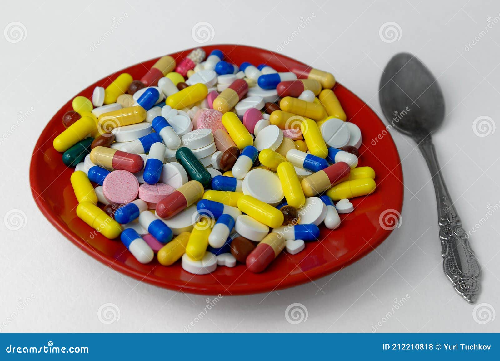 A Bunch of Pills on a Plate Stock Photo - Image of care, medical: 212210818