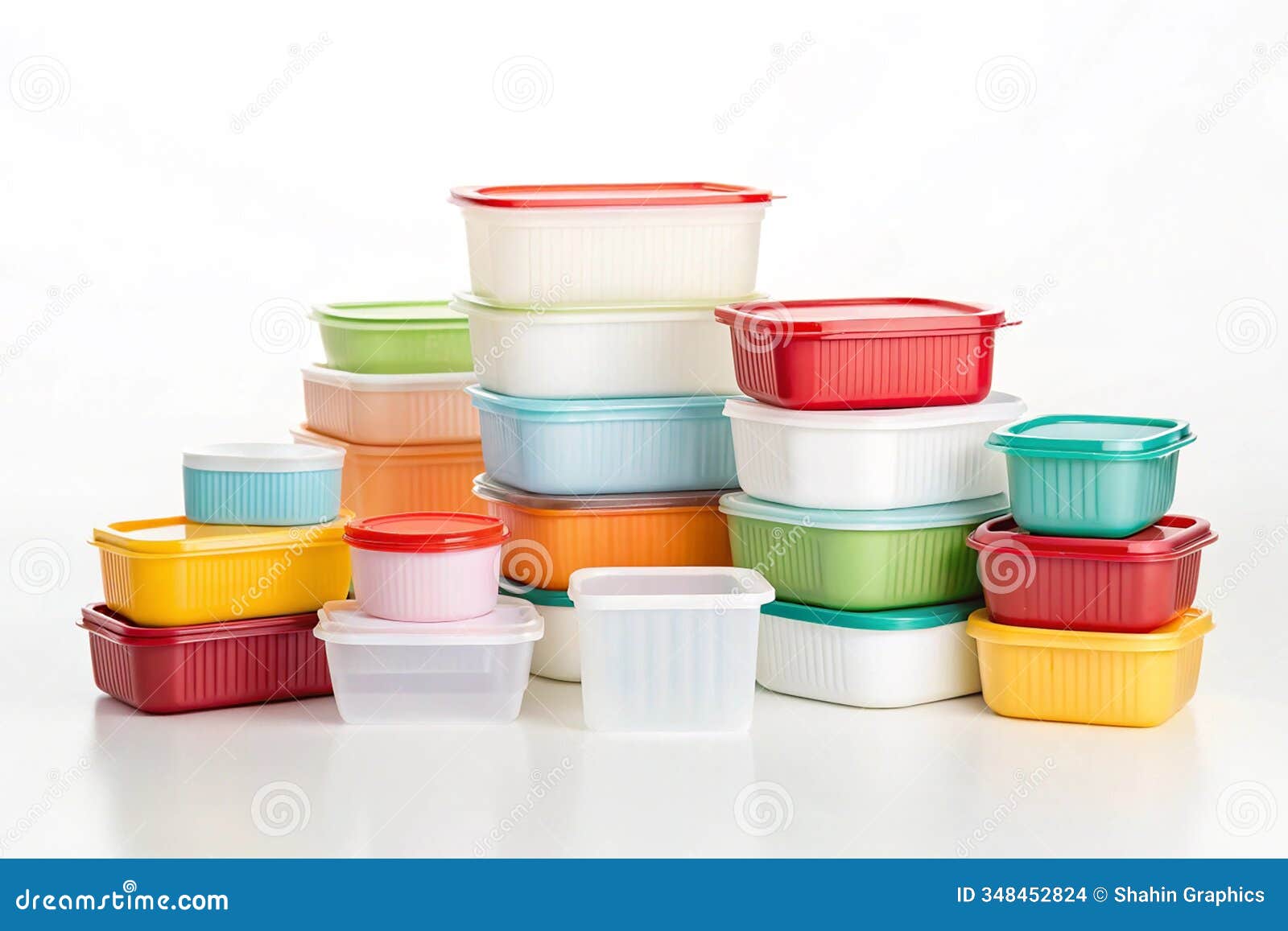 A Pile of Plastic Containers on a White Background Stock Photo - Image ...