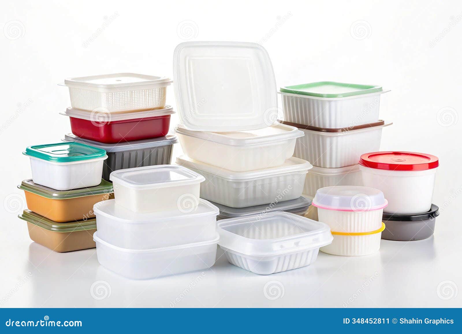 A Pile of Plastic Containers on a White Background Stock Image - Image ...