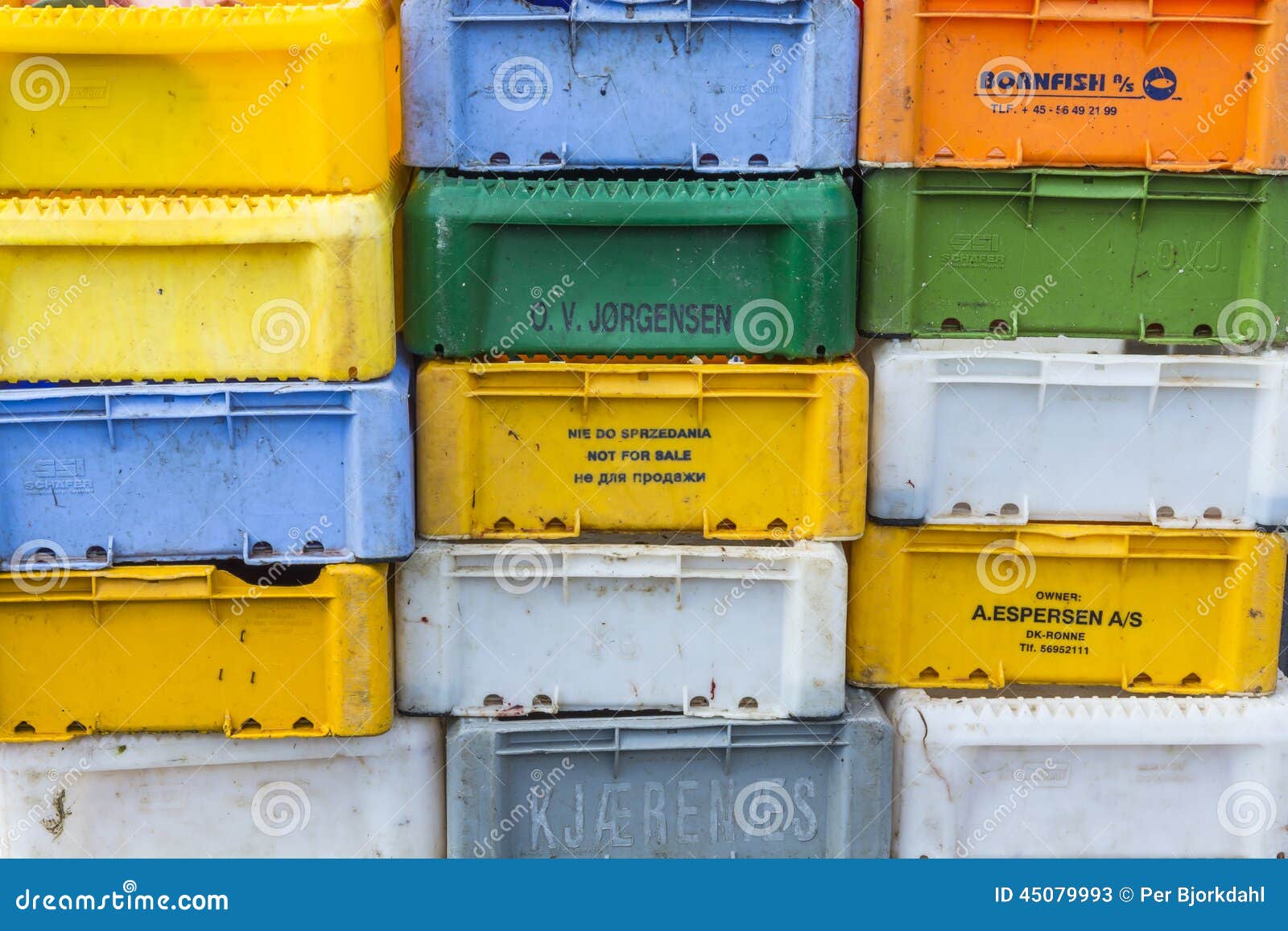 Pile plastic fish boxes editorial stock photo. Image of industrial ...