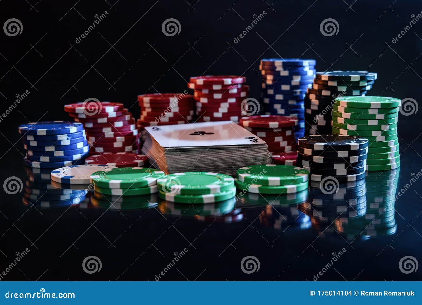 Pile of Playing Cards with Colorful Poker Chips Stock Photo - Image of ...