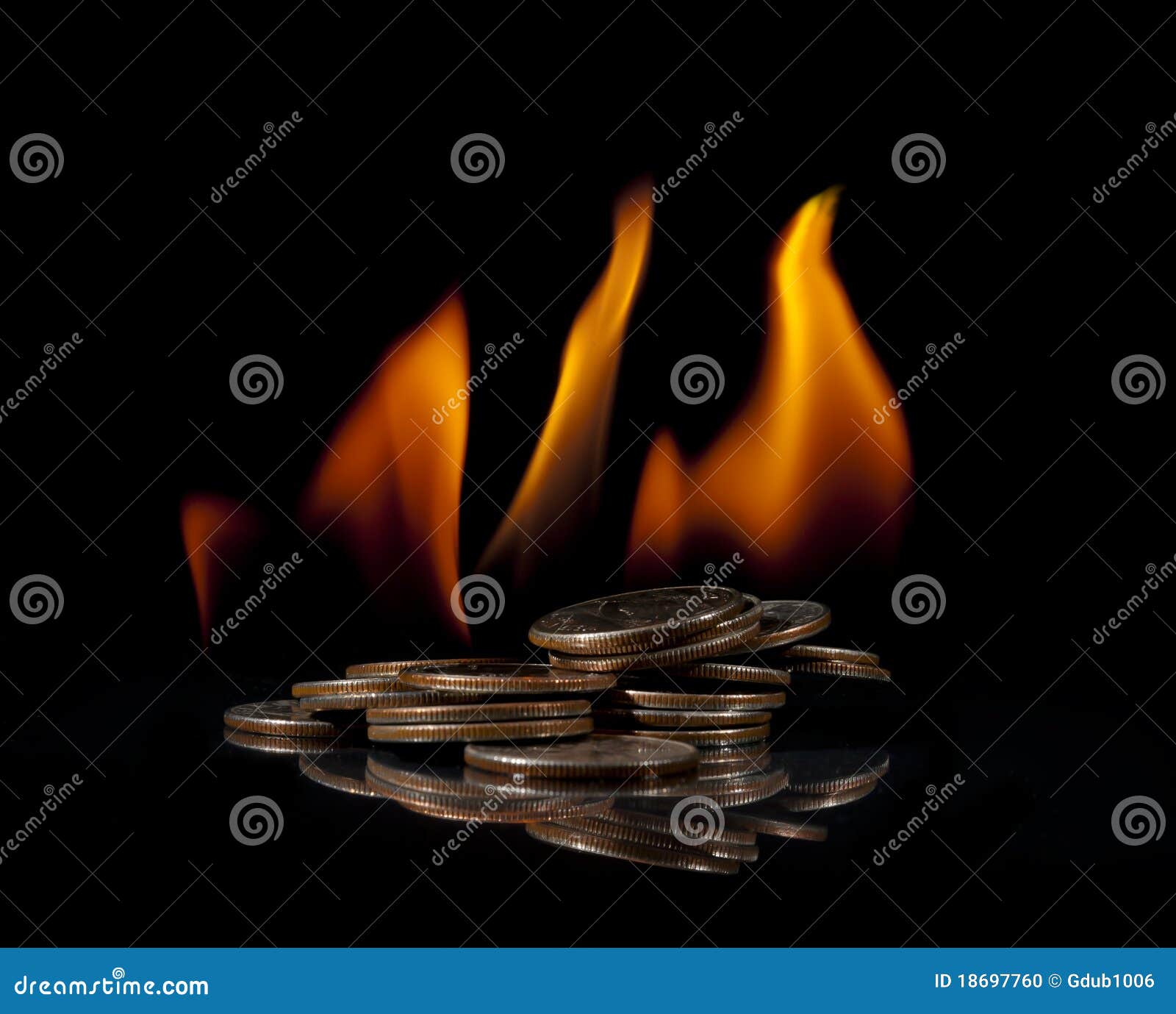 Pile of Quarters on Fire stock photo. Image of conceptual - 18697760